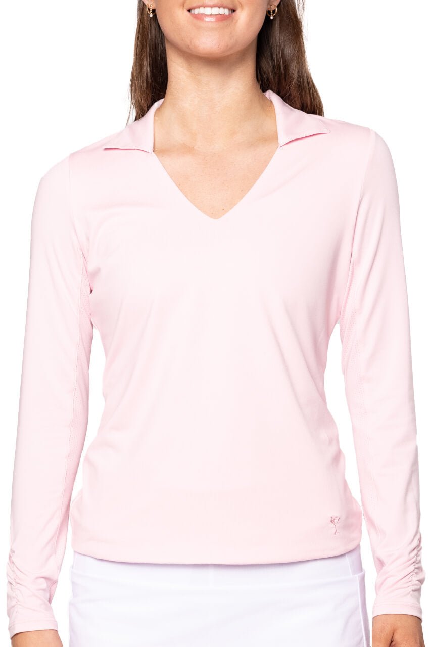 Rose Pink Long Sleeve Sport Stretch Polo | Women's Golf Top – Golftini ...